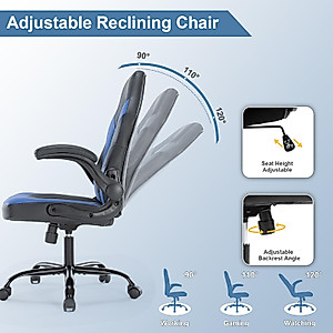 NEWBULIG Ergonomic Computer Gaming Chair with Adjustable High Backrest,Flip-up Armrests and Lumbar Support,PU Leather, Blue