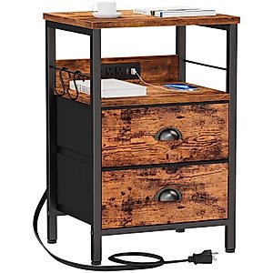 Furologee End Table with Charging Station, Nightstand with Fabric Drawers, Side Table with USB Ports & Outlets, Night Stand with Storage Shelf & Hooks, for Living Room/Bedroom, Rustic Brown