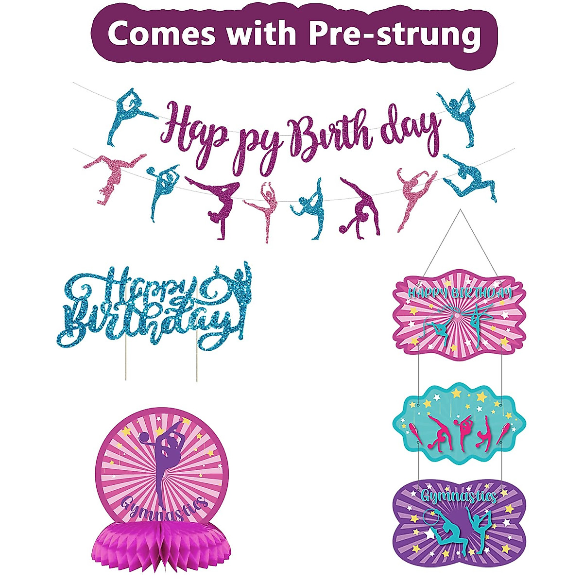 Gymnastics Party Decorations, Gymnastic Birthday Party Supplies with Birthday Banner, Honeycomb Centerpieces, Gymnastics Party Latex Balloons for Girls Gymnastics Theme Dance Party (A)