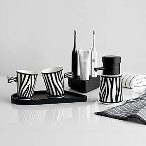 GRFIT Soap Dispenser Hand Soap Dispenser 5-Pc Black and White Striped Ceramics Bathroom Set with Soap Dispenser, Toothbrush Holder, Tumbler, Tray Manual Soap Dispenser Soap Dispenser with Pump