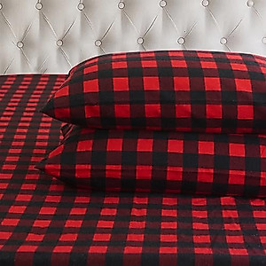 Elegant Comfort Soft 4-Piece 100% Turkish Cotton Flannel Sheet Set - Premium Quality, Deep Pocket Fitted Sheet, Ultra Soft, Cozy Warm Flannel Sheets - King, Buffalo Check Burgundy