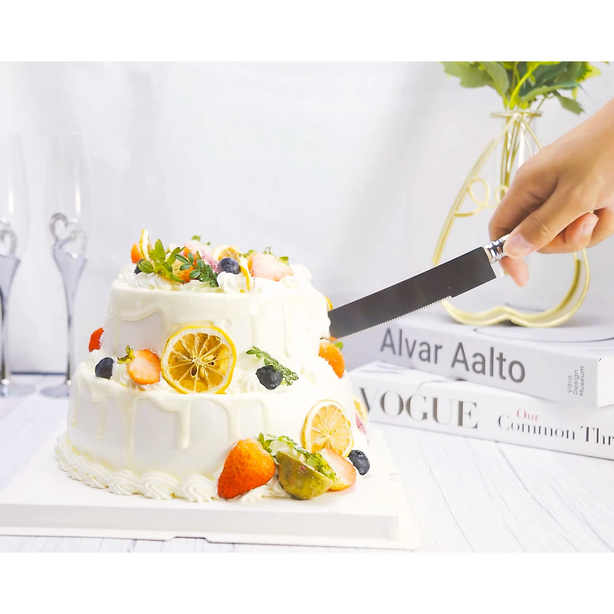 VARLKA Wedding Cake Knife and Server Set, Cake Cutting Set for Wedding, Personalized Stainless Steel Blade and ABS Gold Plated Handle Cake Cutter & Pie Server Set for Birthdays, Anniversary, Parties