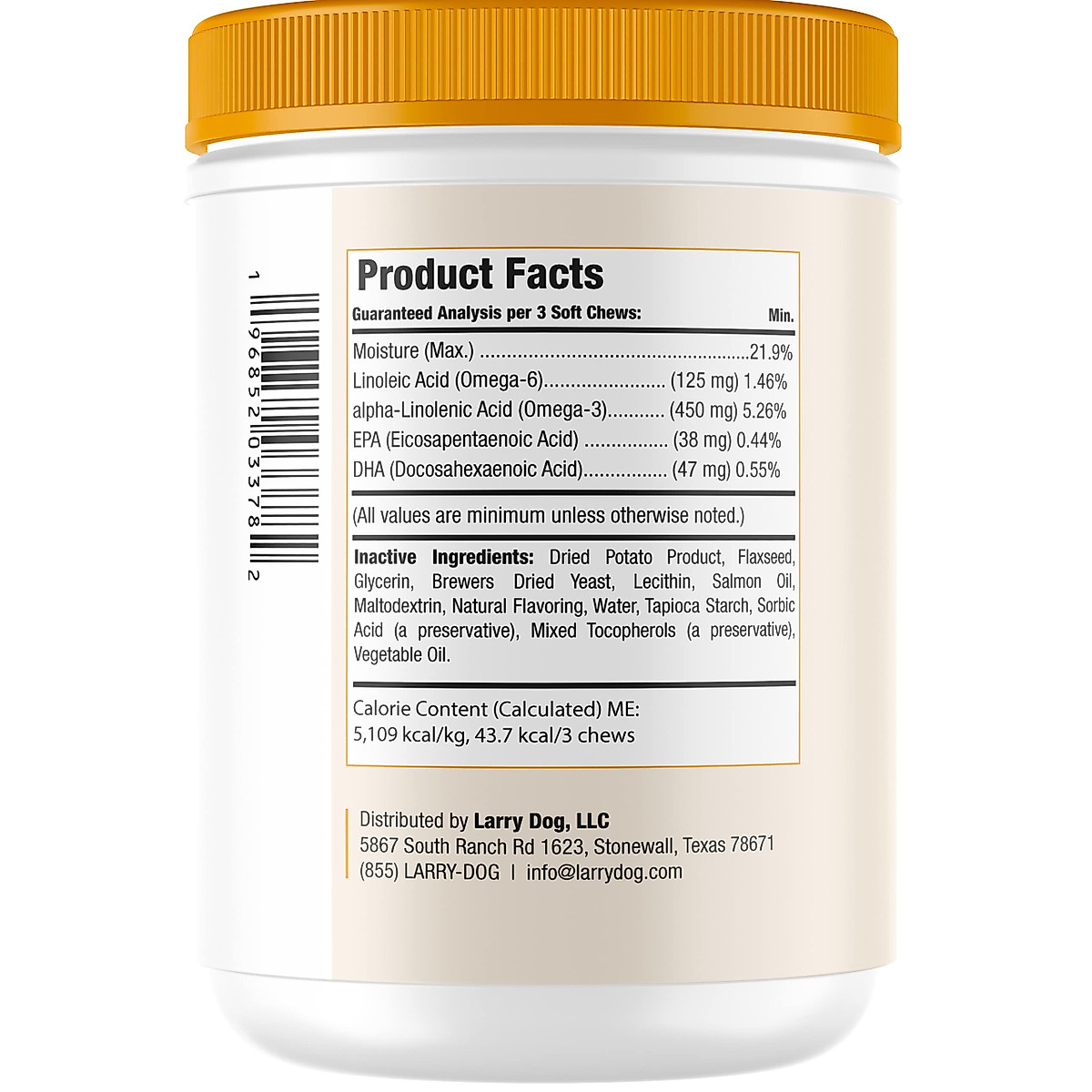 Salmon Oil for Dogs Skin and Coat by Larry | Dog Supplements for Itchy Skin & Allergy Relief | Omega 3, 4, DHA, & EPA for Skin, Coat, Bone, & Joint Health | for All Breeds & Sizes, (120 Soft Chews)