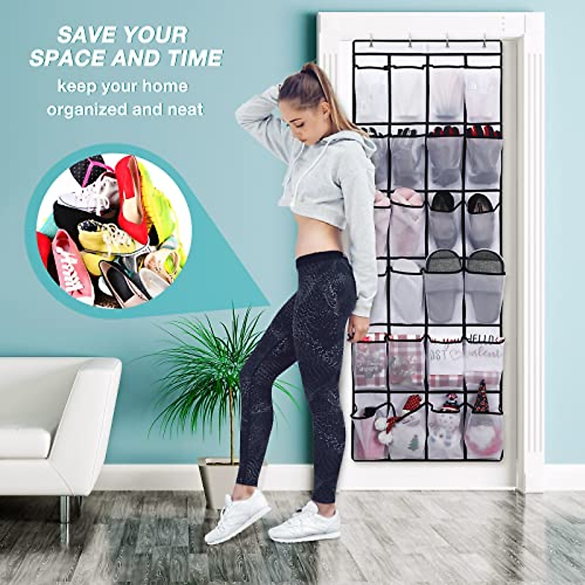 Xuhal 2 Pack over The Door Shoe Organizer Hanging Shoe Organizer with 24 Mesh Large Pockets Door Shoe Rack and 8 Pcs Metal Hooks for Men Women Kids Hanging Door Shoe Holder