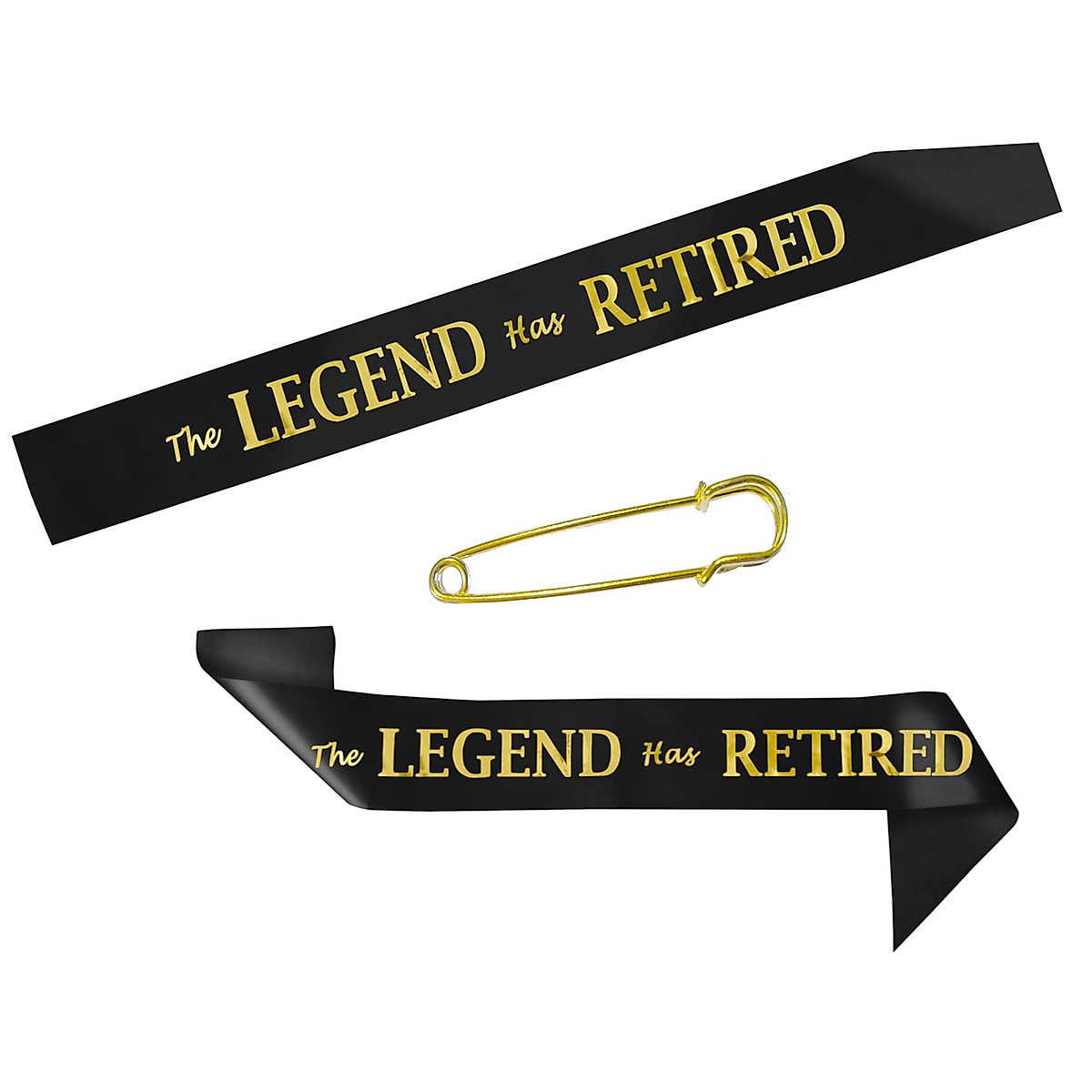 JPACO The Legend Has Retired Sash – Elegant Black and Gold Foil Legendary Sash for Both Women and Men & a Large Gold Safety Pin. Perfect for Retirement Parties