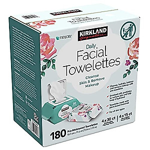 Kirkland Daily Facial Towelettes, 180 CT | 180 Pre-Moistened Towelettes | Hypoallergenic | Alcohol-Free | 4 x 30ct Reclosable Flip-top Packs | 4 x 15ct Resealable Travel Packs