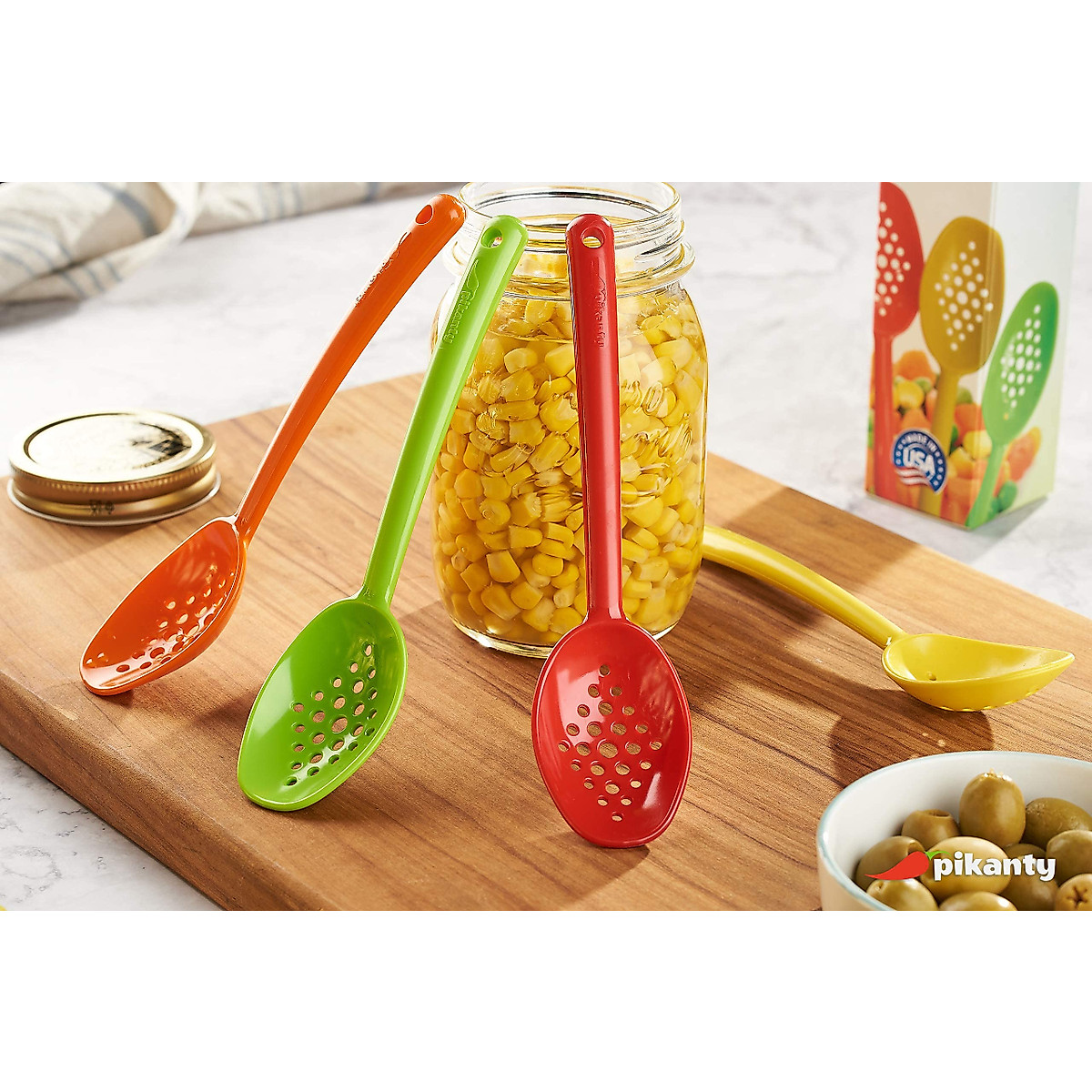 Pikanty - Small 7-Inch Slotted Serving Spoons (Pack of 4) - Perfect for Olives, Pickles & Condiments | Sturdy & Versatile | Made in USA