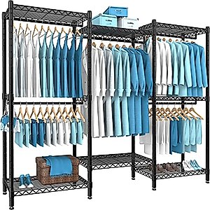 PUNION Portable Wardrobe Rack, 7 Tiers Wire Shelving Black Garment Rack, Compact Extra Large Clothing Racks Metal with 5 Hanging Rods, 1 Pair Side Hooks for Hanging Clothes