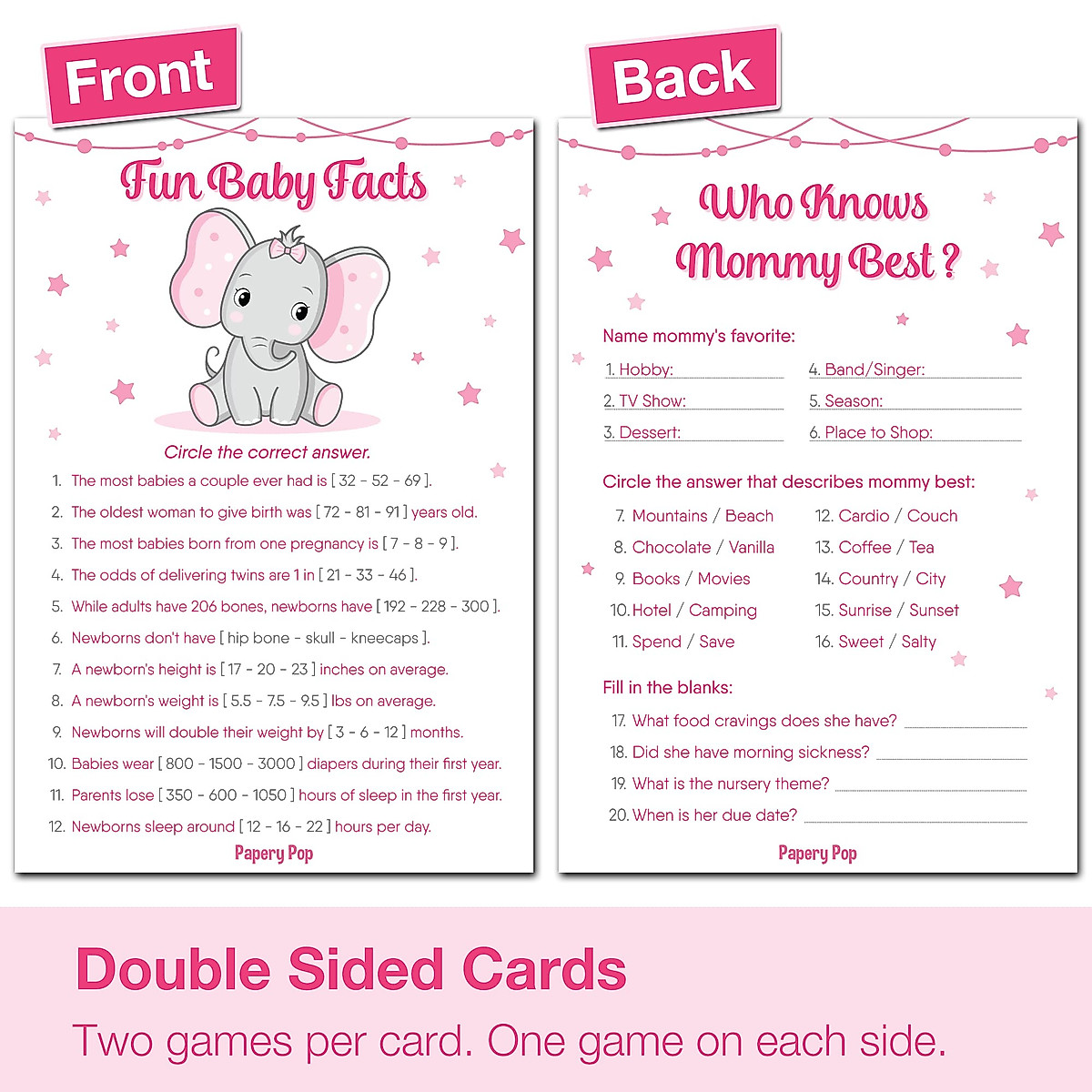 Papery Pop Baby Shower Games for Girl - Set of 4 Games for 30 Guests - Double Sided Cards - Baby Shower Supplies - Elephant