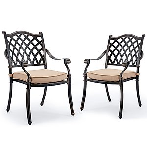2 Pcs Outdoor Cast Aluminium Dining Chairs Set - All Weather Patio Chairs with Removable Cushions, Antique Brass Patio Chairs with Armrests Backrests for Bistro, Restaurant, Garden, Backyard