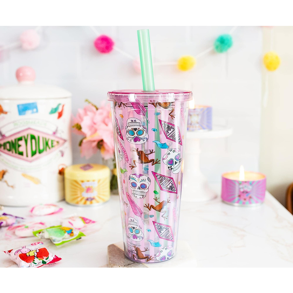 Silver Buffalo Harry Potter Honeydukes Icons Carnival Cup with Lid and Straw | Holds 24 Ounces