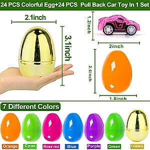 [ 1 Golden Egg ] 24 Pack Filled Easter Eggs with Pull Back Cars Toys Inside 24 Styles Vehicle Plastic Surprise Eggs for Kids Toddlers Easter Basket Stuffers Fillers Easter Eggs Hunt Party Favor Gift