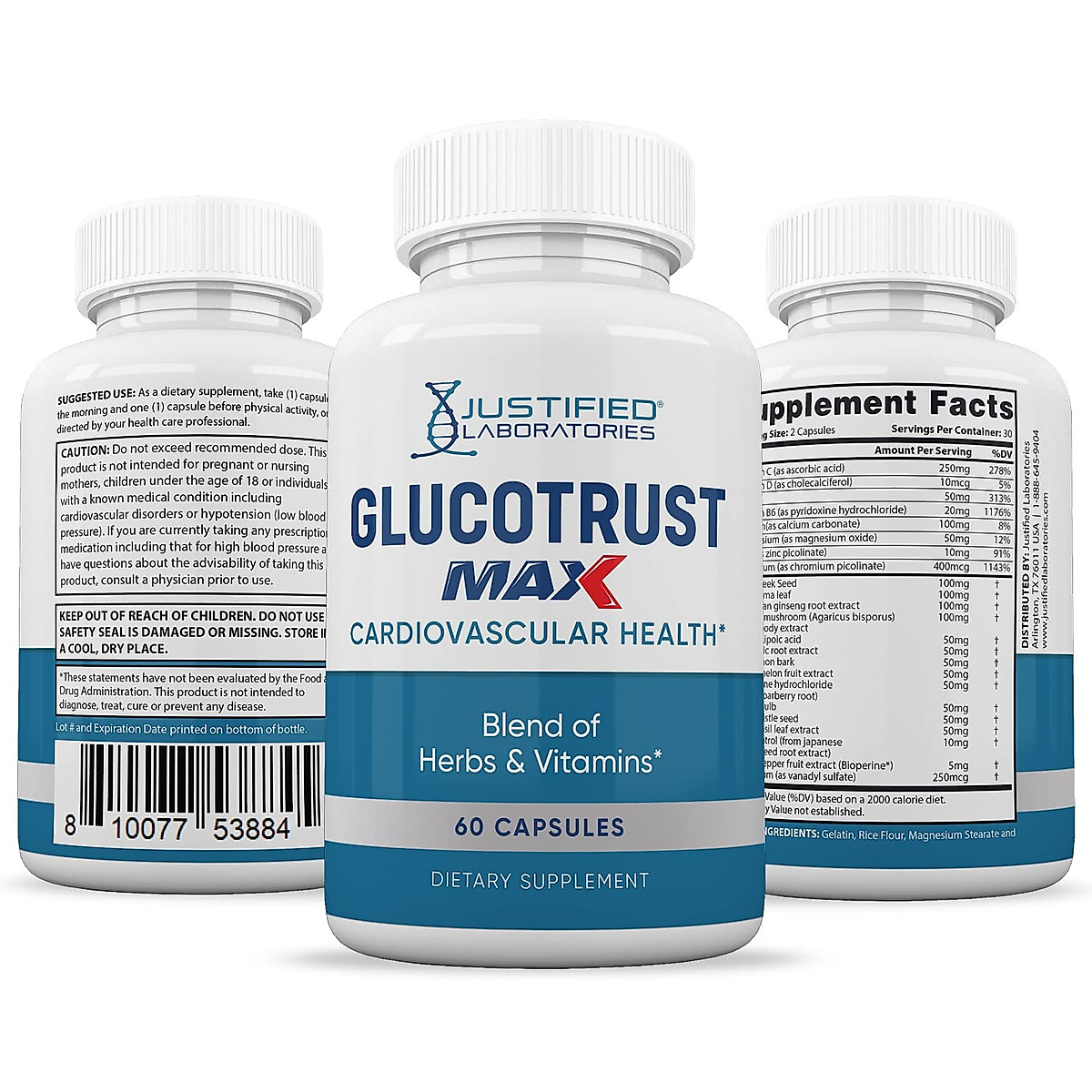 Justified Laboratories (2 Pack) Glucotrust Max 1295MG Formula Supplement Pills 120 Capsules