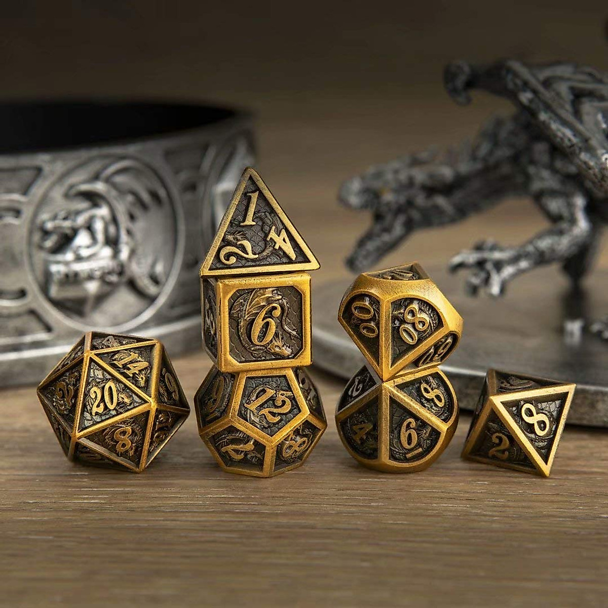 HYMGHO Polyhedral Metal DND Dice Set with Metal Box, 7-die Engraved Dragon Design with Dragon Scales RPG dice, Dungeons and Dragons Pathfinder Shadowrun D&D Role Palying Game(Ancient Gold)