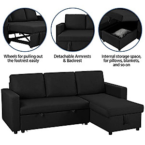 Yaheetech Sectional Sofa L-Shaped Sofa Couch Bed w/Chaise, Reversible Couch Sleeper w/Pull Out Bed & Storage Space, 4-seat Fabric Convertible Sofa, Pull Out Couch, Suitable for Living Room Black