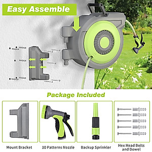 REDUCTUS 5/8" x 85 ft Retractable Garden Hose Reel, Wall Mount Retractable Water Hose with 10 Pattern Hose Nozzle, Any Length Lock/180° Swivel Automatic Hose Reels for Outside Garden Watering