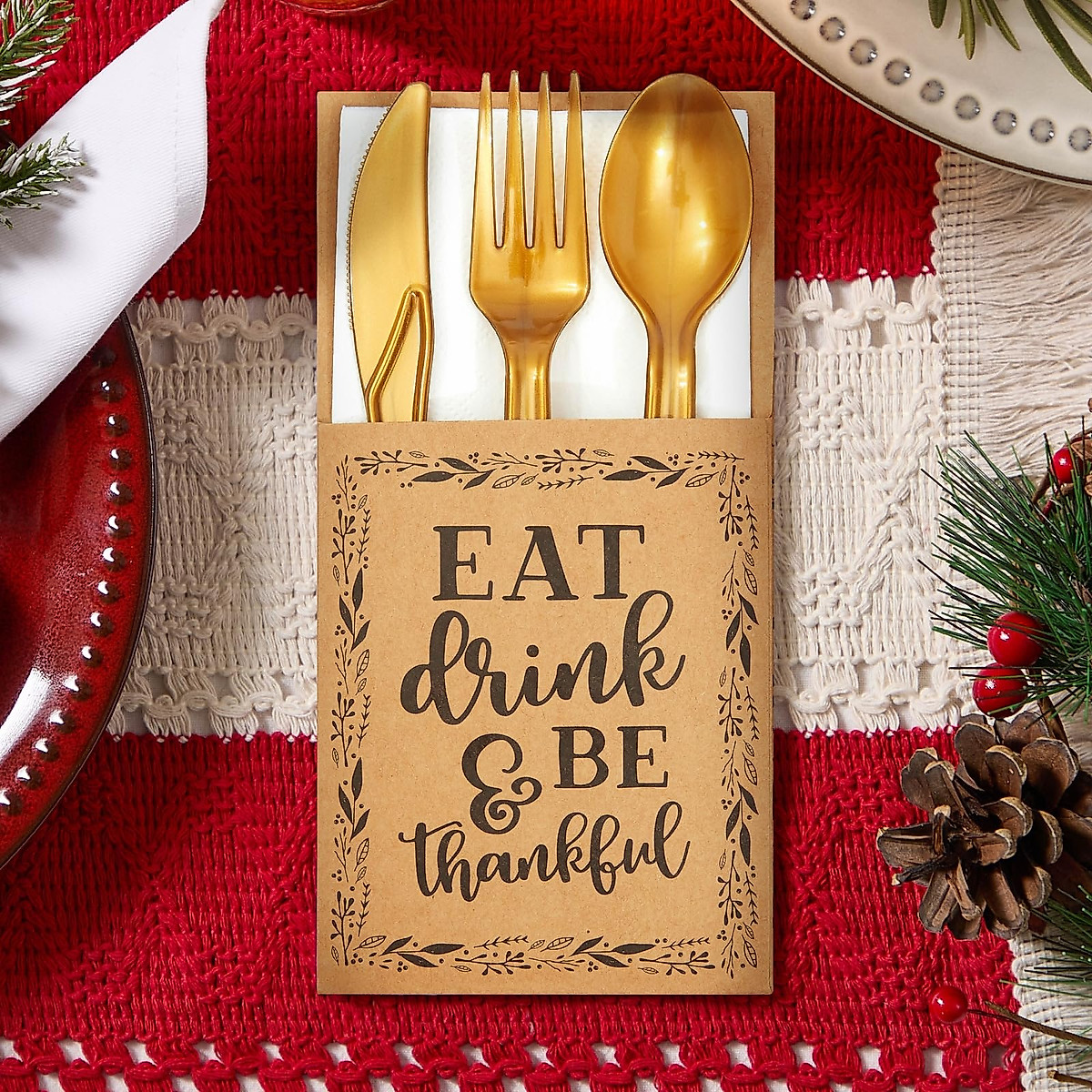 Thanksgiving Dinner Party Utensil Holder Pockets, Eat Drink & Be Thankful (36 Pack)