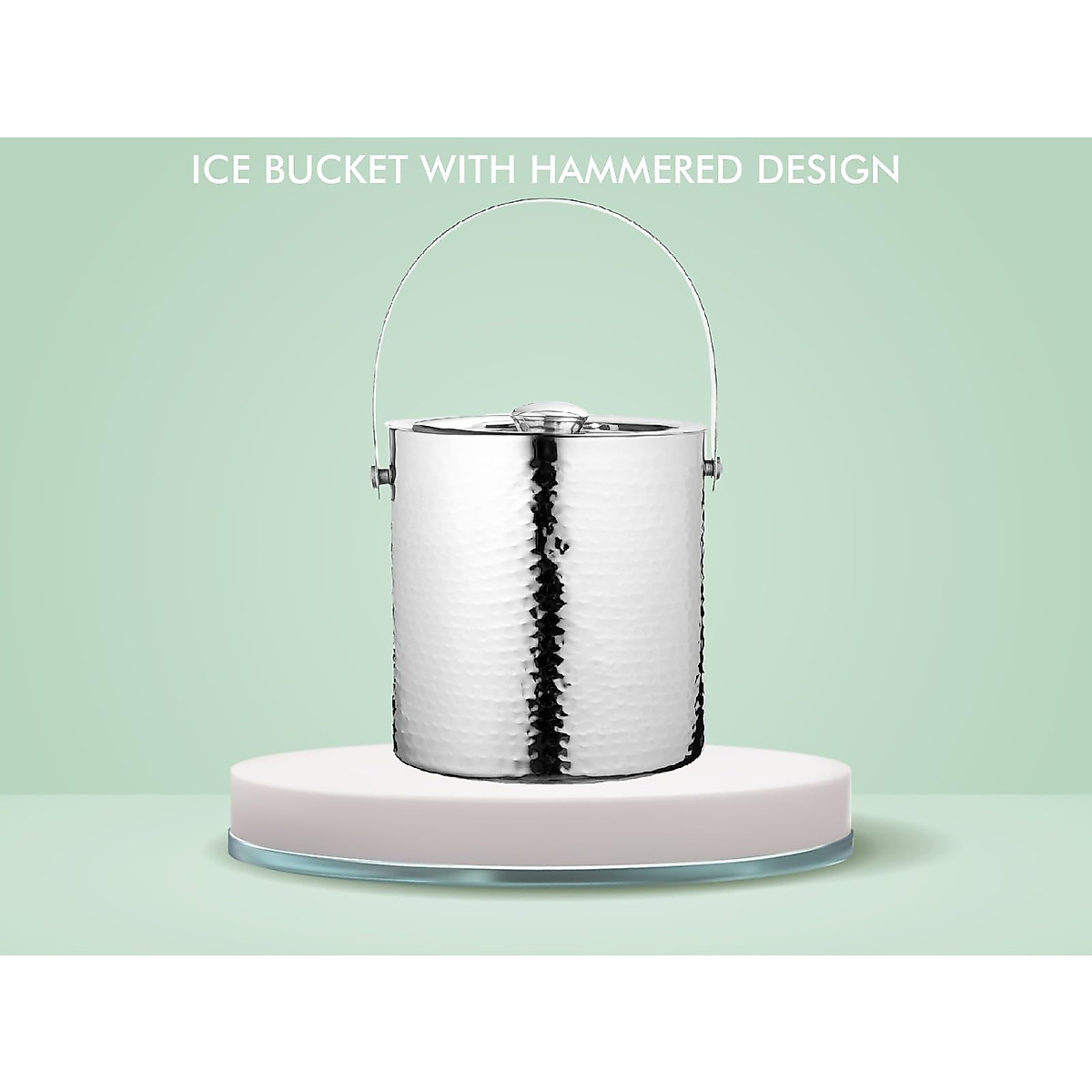 Ice Bucket With Lid, Insulated Hammered Ice Bucket for Cocktail Bar with Ice Tong, Double Walled Stainless Steel, 1.75 L, 1.84 Quarts, Ice Cold For 6 h with Handle (Silver Hammered)