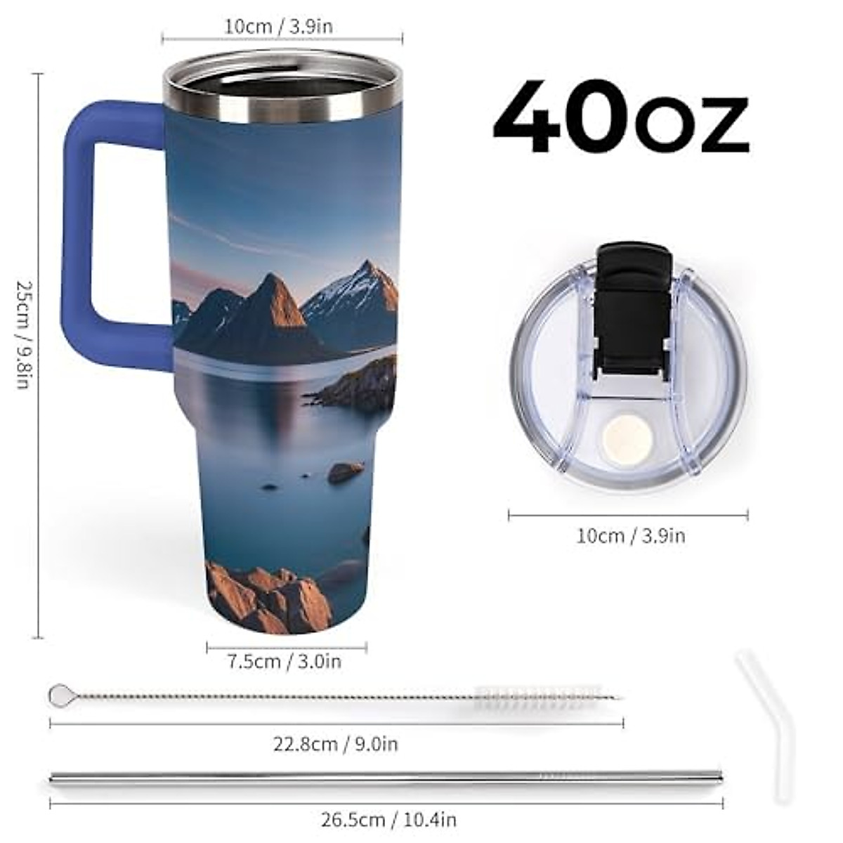 LLUTSNTH 40 Oz Vacuum Tumbler with Deep Blue Handle Leakproof Insulated Tumbler Norway Islands Stainless Steel Travel Mug with Lid And Straw Coffee Cup Cute Water Bottles Cup Holder Friendly