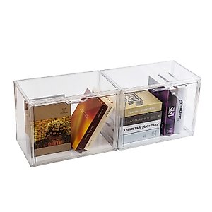 BOHOIDEE 2PACKS Clear Book Storage Organizer for Bookshelf, Plastic Stackable Book Display Case with Magnetic Door, Acrylic Showcase for Toys Handbags, Shoes, Purses