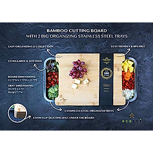 ecozoi Bamboo Cutting Board with Containers, Large Wood Cutting Board with Slide Out Trays, Eco Friendly Space Saver and Non Slip Chopping Board, Wooden Butcher Block with Pull Out Drawers