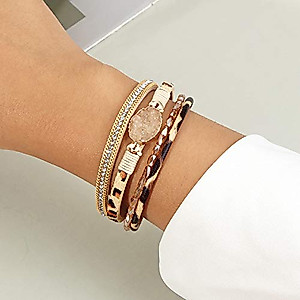 FANCY SHINY Leather Wrap Bracelet Boho Cuff Bracelets Crystal Bead Bracelet with Clasp Jewelry Gift for Women Teen Girls(7.7", Tan Leopard)