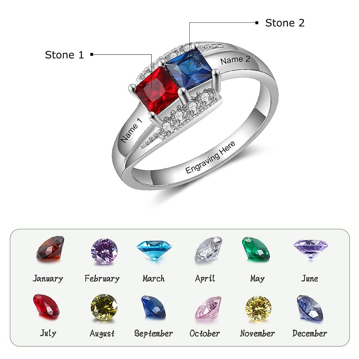 Jessemade Personalized Sterling Silver Couples Promise Rings for Her Engagement Wedding Rings for Women Mothers Mom Jewelry with 2 Simulated Birthstones (7.5)