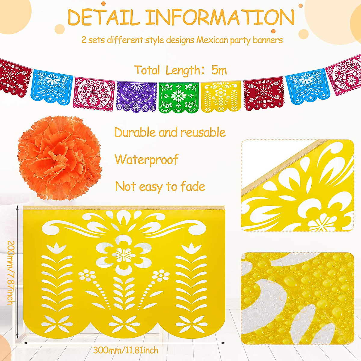 WILLBOND 74 Pieces Faux Marigold Flower Mexican Banners Mexican Party Decoration Plastic Papel Picado Banner Day of The Dead Decor for Mexican Party Papel Picado Fiesta (Orange)