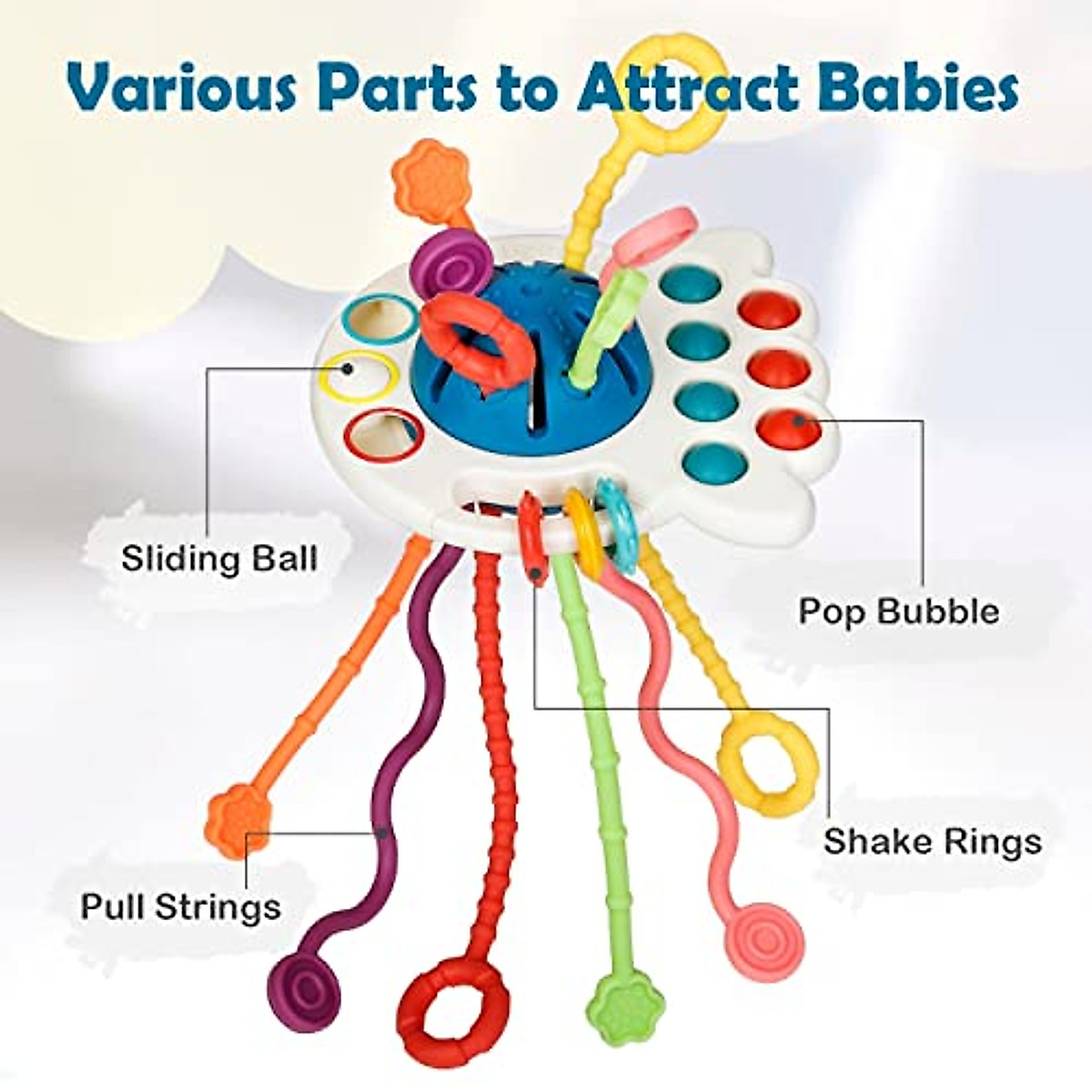Baby Toys 6 to 12 Months,4 in 1 Silicone Pull String Montessori Toys for Babies 6-12 Months, Sensory Toys for 1 Year Old Boy Girl Birthday Gifts, Baby Essentials Toys for Travel,Bath,Motor Skills