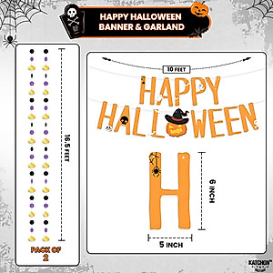 KatchOn, Happy Halloween Decorations - Pack of 14 | Halloween Pompom, Halloween Party Decorations | Halloween Lanterns, Hanging Halloween Decorations | Purple and Black Halloween Theme Party Supplies