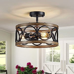 XINGQI Black Ceiling Light Adjustable Height Chandelier Modern Farmhouse Pendant Lighting Fixture Wood Grain Metal 13" Rustic Round Lights for Dining Room Kitchen Bedroom Entryway