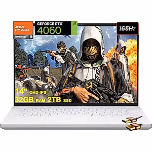 Asus ROG Zephyrus G14 Gaming Laptop 14" QHD+ 165Hz 500nits AMD 8-Core Zen4 Ryzen 9 7940HS (>i9-12900H) 32GB RAM 2TB SSD GeForce RTX 4060 8GB Graphic Backlit USB4 Fast Charging Win11 White + HDMI Cable