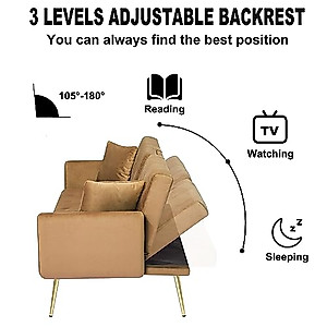 FREESNOOZE 72.4'' Convertible Velvet Sleeper Sofa Bed Loveseat Futon Couch w/2 Cupholders, Metal Legs, 2 Pillows for Home, Office, Guest Room, Apartment-Brown