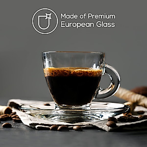 Volarium Espresso Cups with Saucers, Demitasse Clear Glass Drinkware, Set of 6 Cups and 6 Saucers for Turkish Coffee, Tea and Espresso Lover