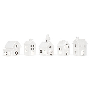 Mark Feldstein & Associates Village with Trees Winter White Glazed Porcelain Holiday Tabletop Figurines, Set of 11, 7 Inch