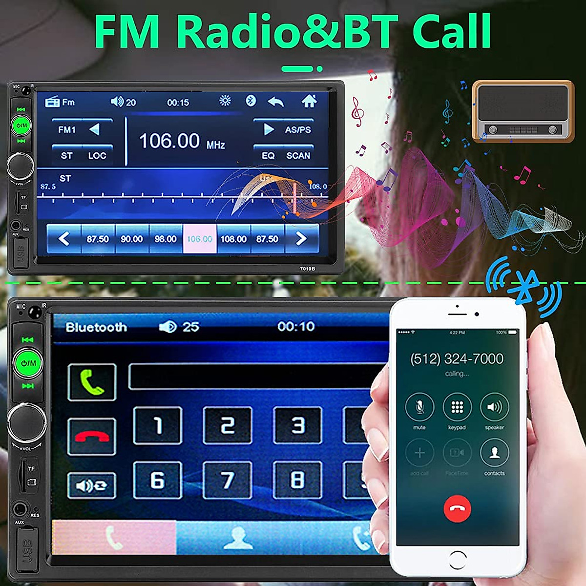 Hodozzy Double Din Car Stereo 7 inch Touchscreen Car Radios with Bluetooth Indash 2 Din Car Audio Head Unit Support Mirror Link for Android/iOS USB TF AUX FM MP5 Multimedia Player + Backup Camera