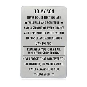 Inspirational Engraved Wallet Inserts to My Son from Mom, Gifts for Son with Motivational Quote, Wallet Insert Cards for Graduation Birthday Gift Ideas