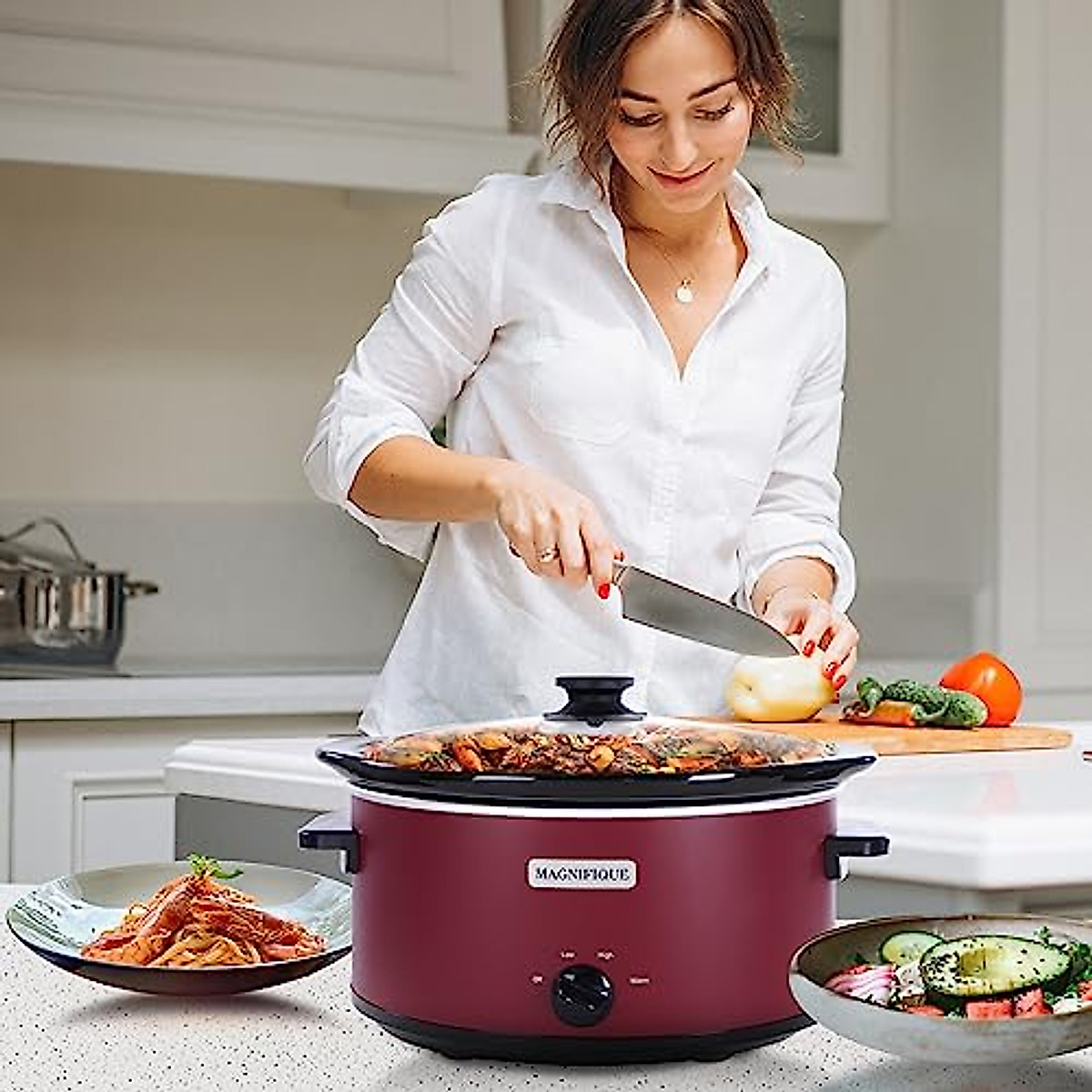 Magnifique 7 Quart Slow Cooker Oval Manual Pot Food Warmer with 3 Cooking Settings, Red Stainless Steel