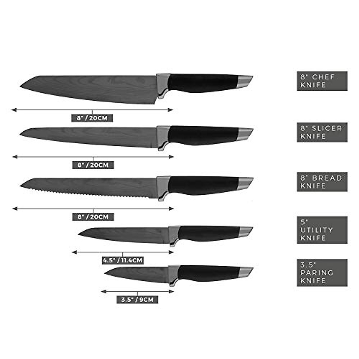 Tower Kitchen Stainless Steel Blades and Acrylic Stand, 5-Piece Knife Set, Black Damascus Effect