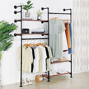 EDCB Industrial Pipe Double Hanging Rods Clothing Rack with 4 Tier Shelves, Heavy Duty Garment Rack Display Rack On Wall for Hanging Clothes Retail Display, Black