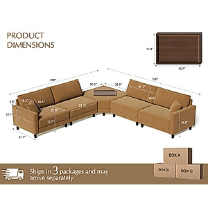 Txtin's 137" Sectional Couches for Living Room, 4 Seat Sectional Couch with Removable Ottoman, Convertible Modular Sofa for Home, Brown