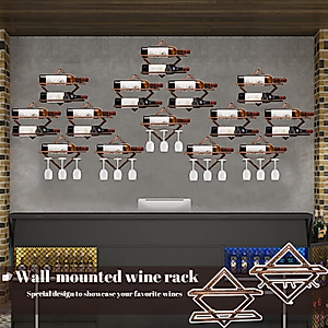 2Pcs Metal Wall Mounted Wine Holder Stemware Glass Rack, Collapsible Hanging Red Wine Racks Organizer with 3 Stem Glass Holders, Wine Bottle Display Hanger for Home Kitchen Bar Decor