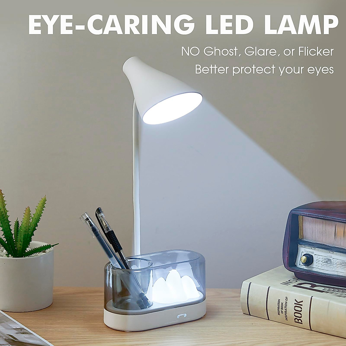 Bestoy Desk Lamp, Rechargeable LED Desk Light, Small Lamp with Pen Holder and Night Light for Study, Reading, Small Desk lamp for Dorm. College Dorm Room Essentials, Stepless Dimming, Eye Caring