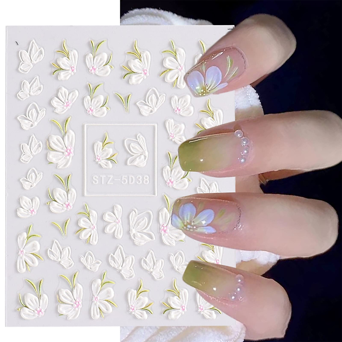 3D Embossed Spring Flower Nail Art Stickers Decals 4 Sheets 5D Self-Adhesive Pegatinas Uñas Pink Cherry Blossoms Floral Nail Supplies Nail Art Design Decoration Accessories