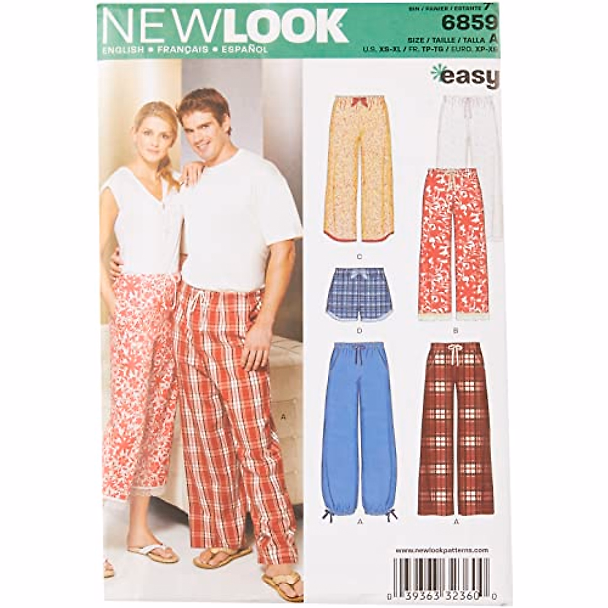 Simplicity U06859A New Look Sewing Misses' and Mens' Pajama Pants and Shorts Sewing Pattern Kit, Code 6859, Sizes XS-XL