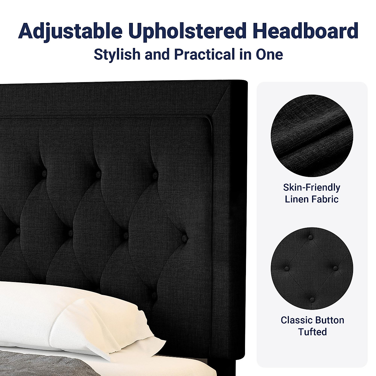 Allewie Full Size Upholstered Platform Bed Frame with Adjustable Headboard, Button Tufted, Wood Slat Support, Easy Assembly, Black