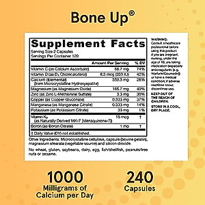 Jarrow Formulas BoneUp - 240 Capsules - 120 Servings - For Bone Support & Skeletal Nutrition - Includes Naturally Derived Vitamin D3, K2 (as MK-7) & 1000 mg Calcium - Gluten Free - Non-GMO