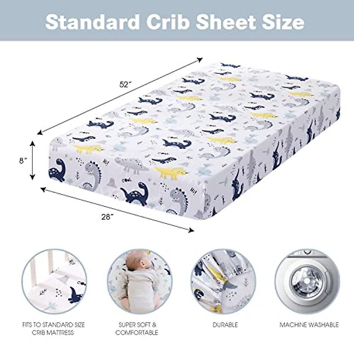 Plushii Crib Sheets for Baby Boys 4 Pack, 28"x 52" Extra Soft Microfiber Crib Sheet Set for Standard Crib & Toddler Mattress Pad, Dinosaur & Elephant & Stars & Navy Blue