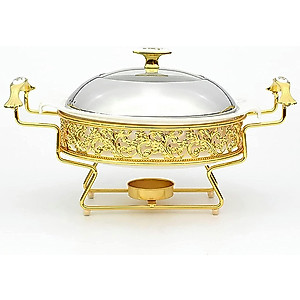 FLTRGO Food Warmer for Parties Buffets, Food Warming Tray Golden Pattern Chafing Dish Buffet Set, Round Stainless Steel Chafer with Lid for Buffet Weddings Parties Banquets Catering Events