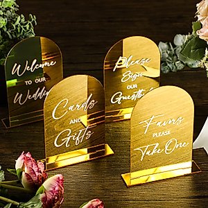 Woanger 4 Pcs Arch Acrylic Wedding Reception Signs with Stand Gold Gifts and Cards Sign with Holder Arched Round Top Welcome Wedding Signs 4 x 6 Acrylic Signs Please Sign Our Guest Book Sign for